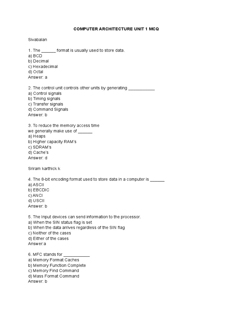 Computer Architecture Unit 1 Mcq Questions And Answers On Data Formats Cpu Components Memory