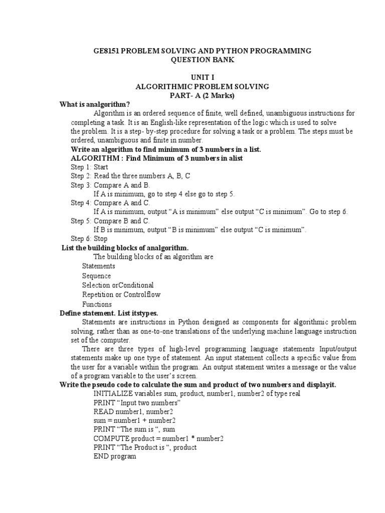 GE8151 PROBLEM-Unit - I | PDF | Algorithms | Iteration GE8151 PROBLEM-Unit - I | PDF | Algorithms | Iteration