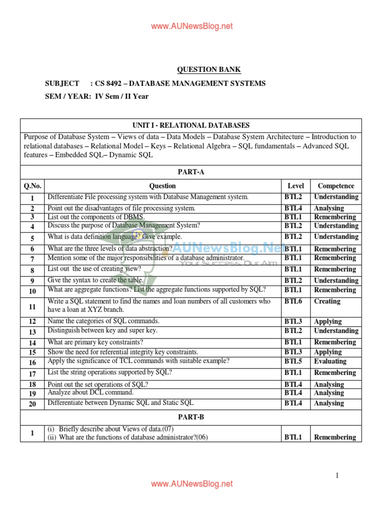 CS8492 Iq | PDF | Relational Model | Databases