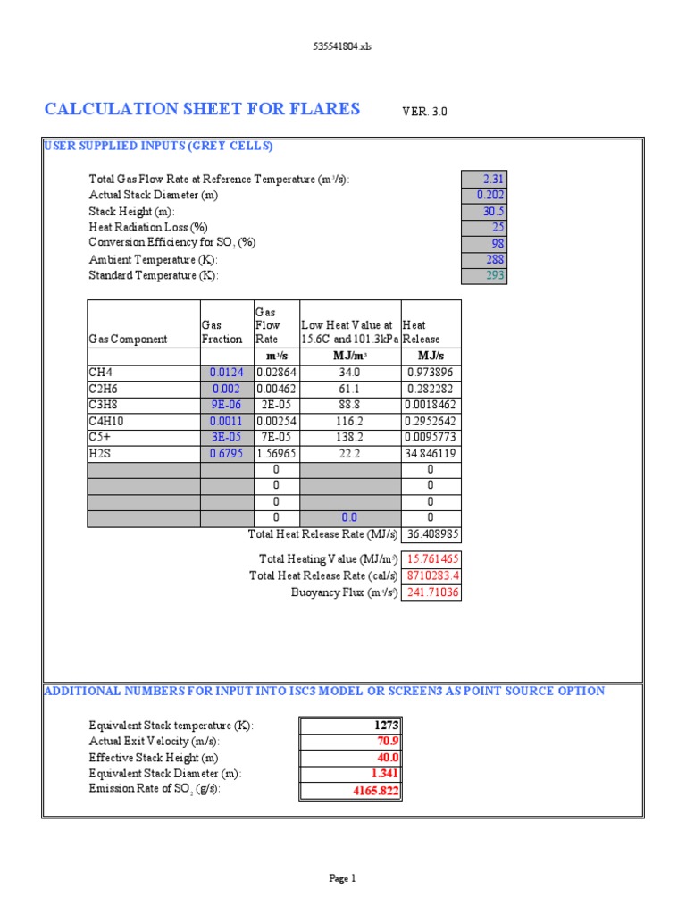 Calculation Sheet For Flares: User Supplied Inputs (Grey Cells) | PDF ...