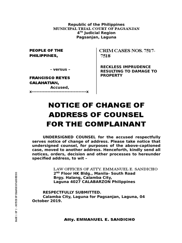 Notice of Change of Counsel Address | PDF | Public Sphere | Government