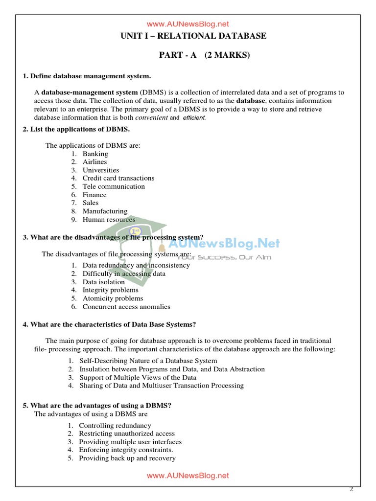 Unit I - Relational Database Part - A (2 Marks) : 1. Define Database Management System | PDF ...