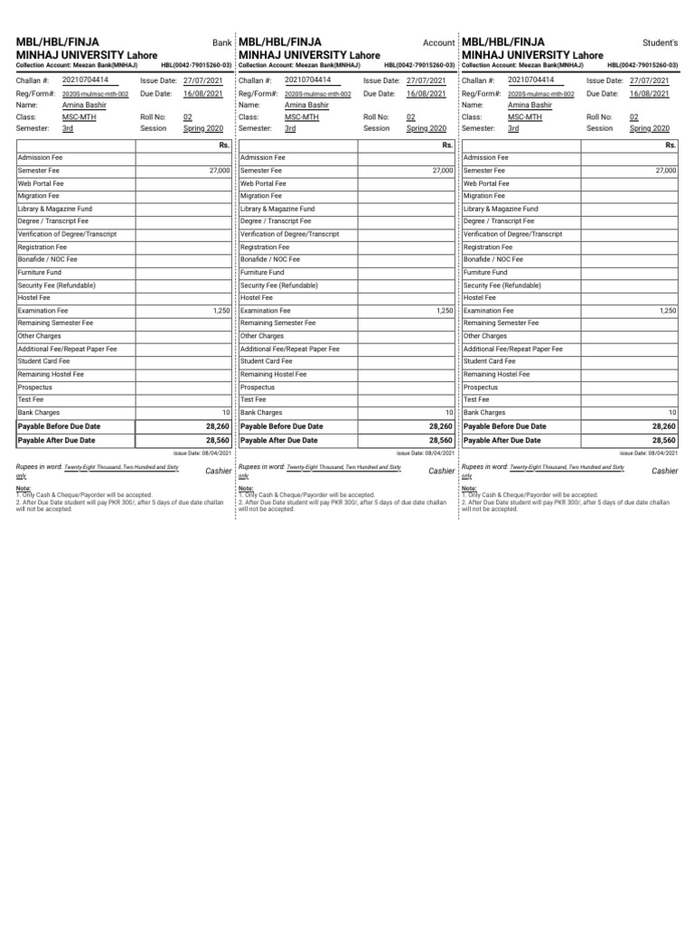 Fee Challan Form | PDF | Cheque | Fee