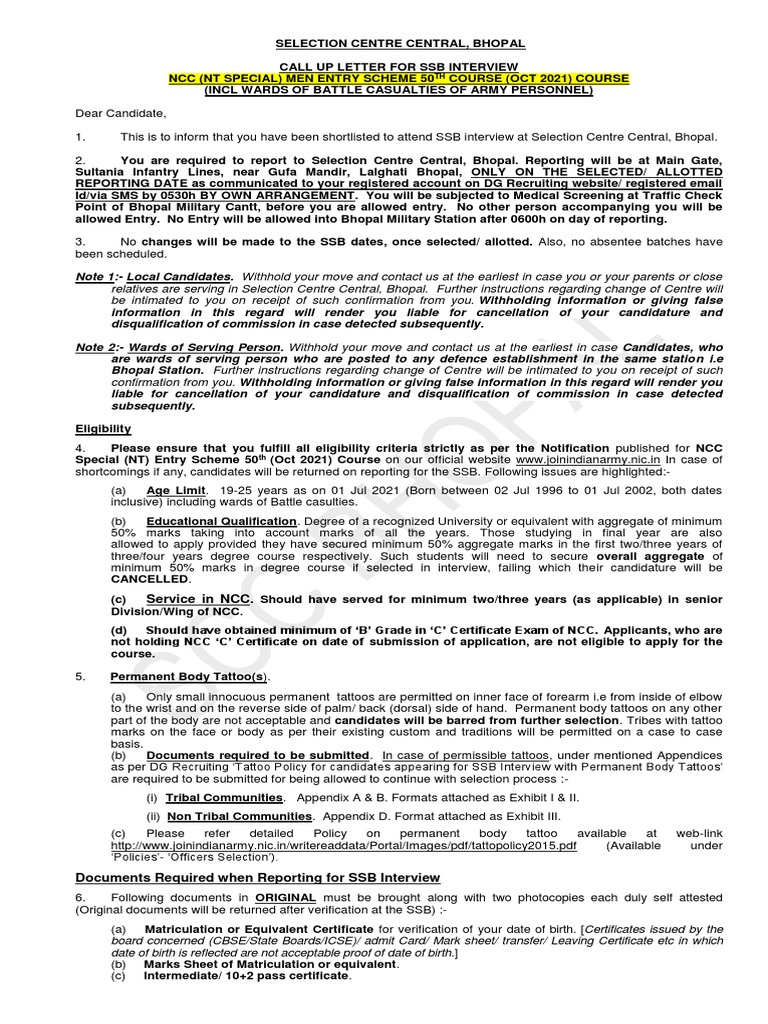 SSB Interview Call Up Letter | PDF | Identity Document