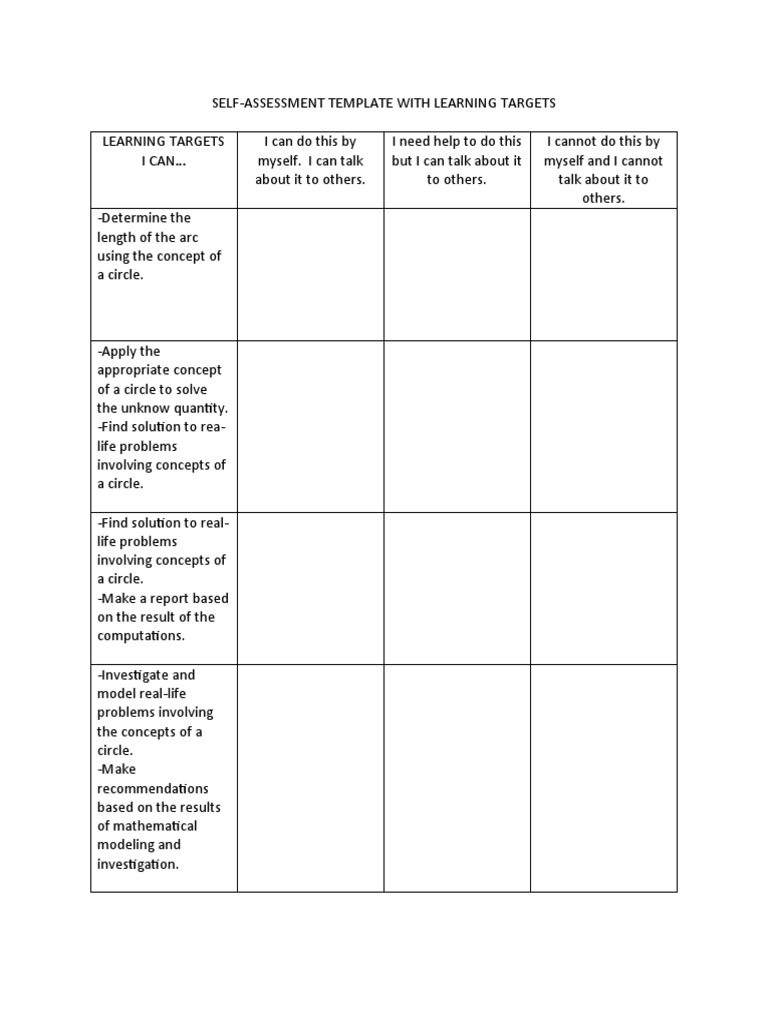 Self-Assessment Template for Evaluating Understanding of Circle ...