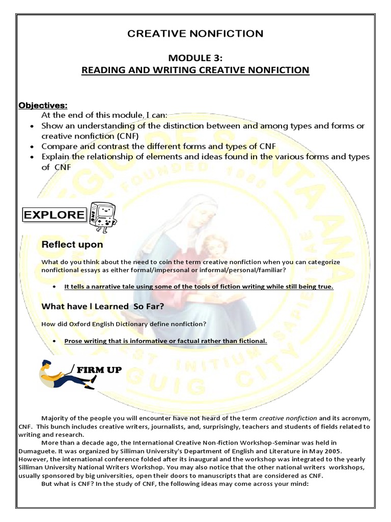 Creative Nonfiction Reading and Writing Creative Nonfiction: Objectives ...