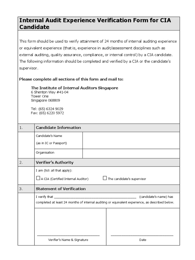 Internal Audit Experience Verification Form For CIA Candidate | PDF