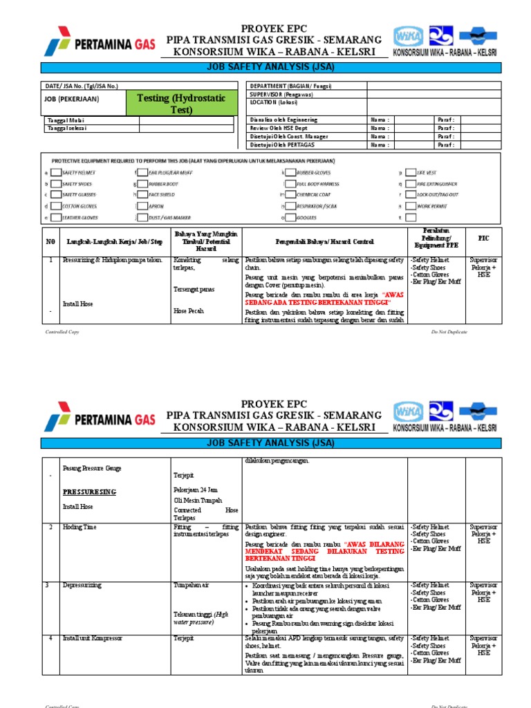 Hydrostatic Test Jsa and Risk Assesment Project KWRK | PDF