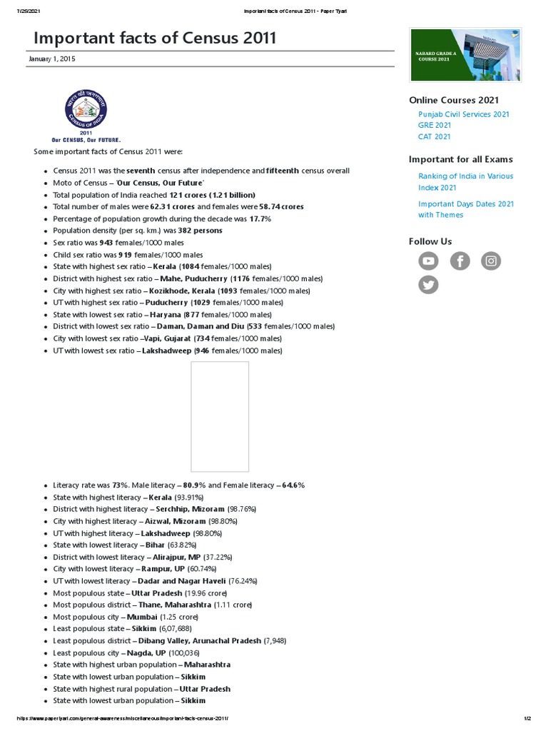 Important Facts of Census 2011 - Paper Tyari | Download Free PDF | Asia ...