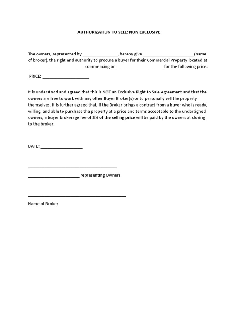 Non-Exclusive Authorization to Sell Commercial Property and Provide ...