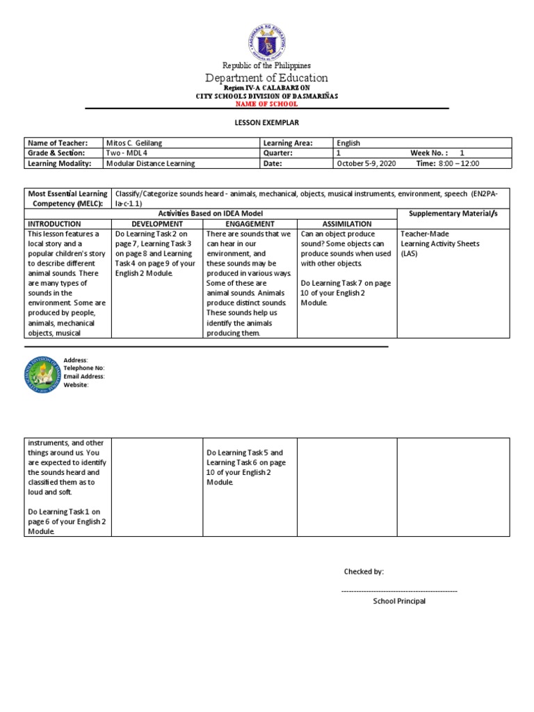 Lesson Exemplar Template | PDF | Learning | Sound