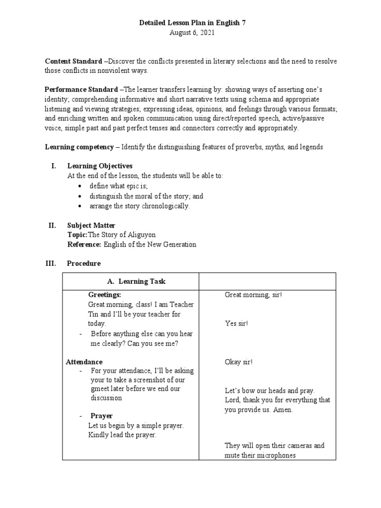 Lesson Plan in English | PDF | Lesson Plan | Epic Poetry