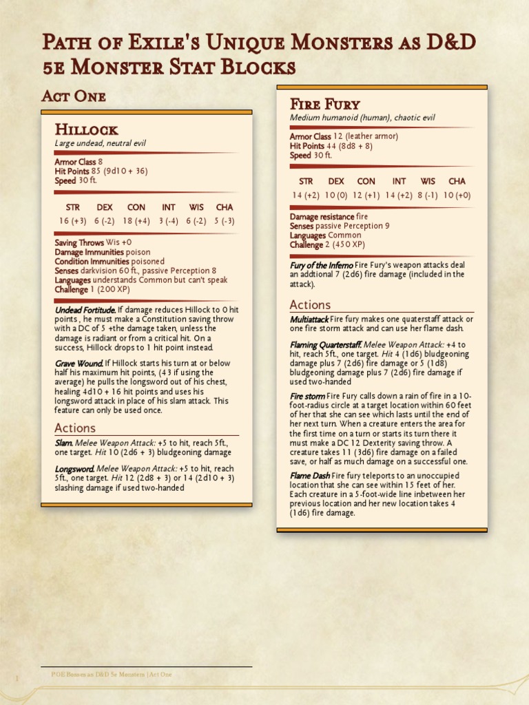 Path of Exile's Unique Monsters As D&D 5e Monster Stat Blocks V2.0 ...