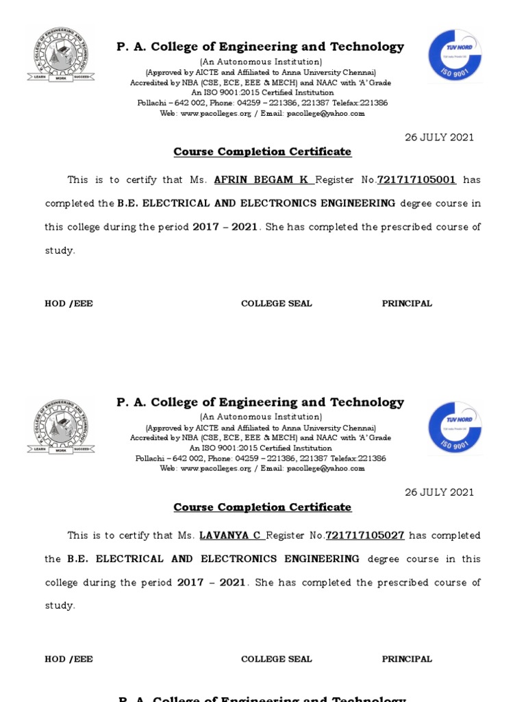 P. A. College of Engineering and Technology: Course Completion ...