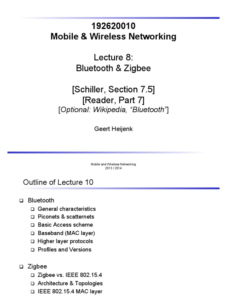 Mobile & Wireless Networking: Bluetooth & Zigbee (Schiller, Section 7.5) (Reader, Part 7) | PDF ...