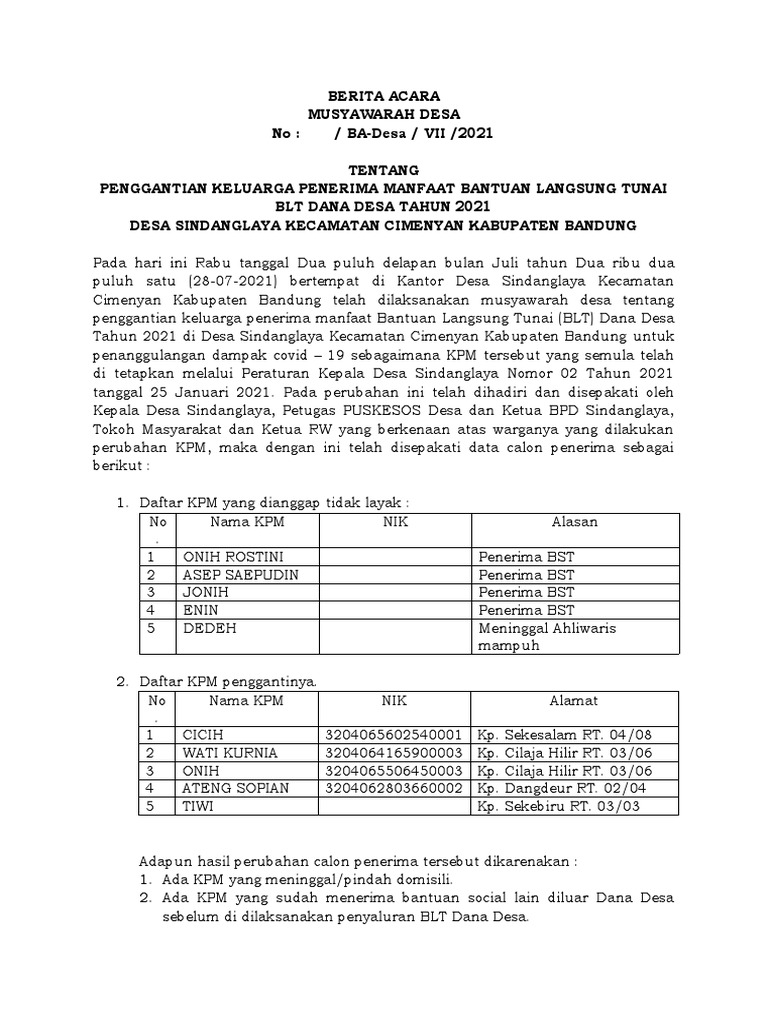 Berita Acara Perubahan KPM BLT Dana Desa 2021 | PDF