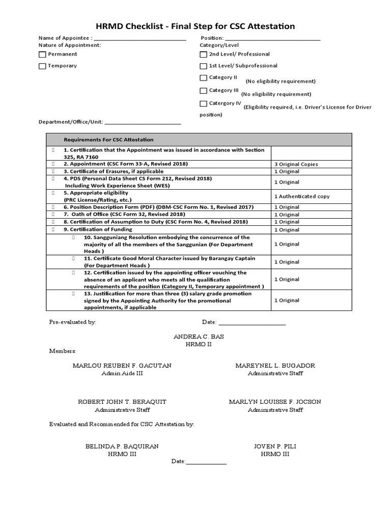 HRMD Checklist for CSC Attestation | PDF | Government