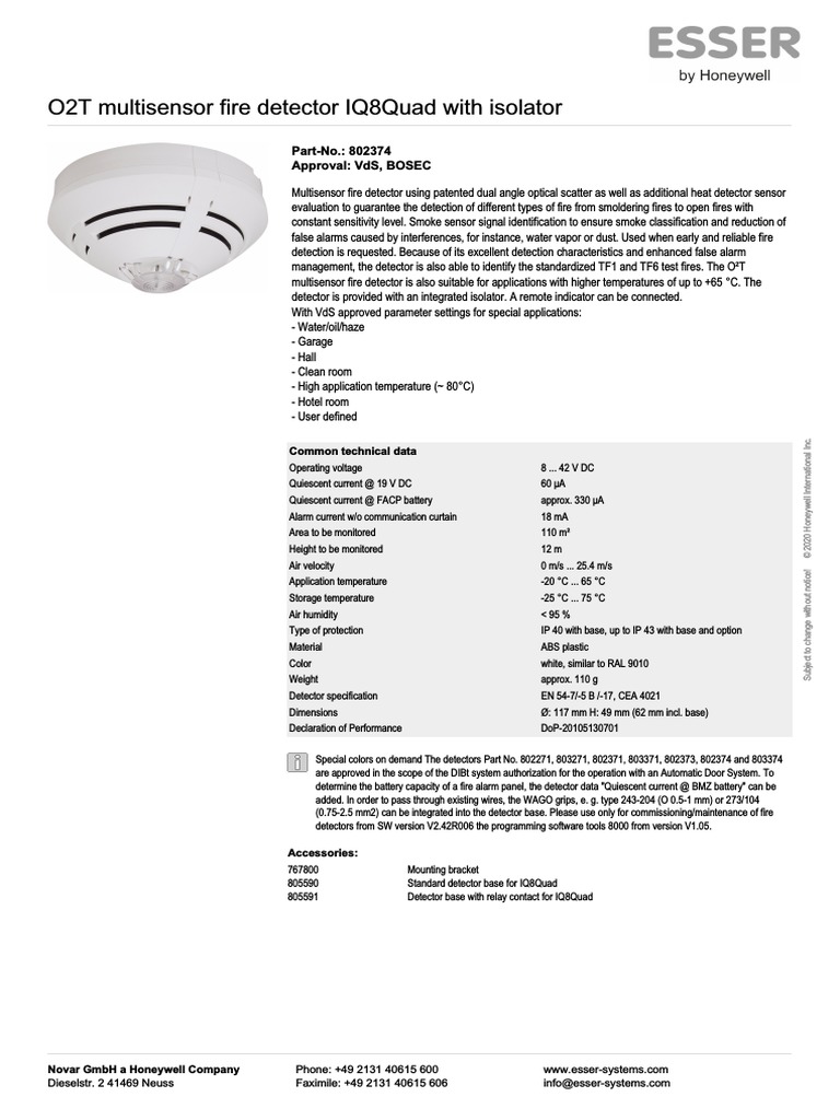 O2T Multisensor Fire Detector Iq8Quad With Isolator: Part-No.: 802374 ...