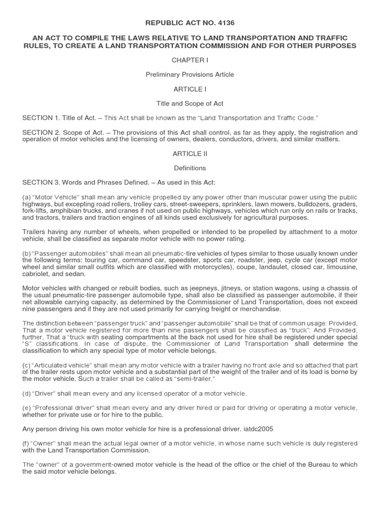 RA 4136 Land Transportation and Traffic Code | PDF | Vehicle ...