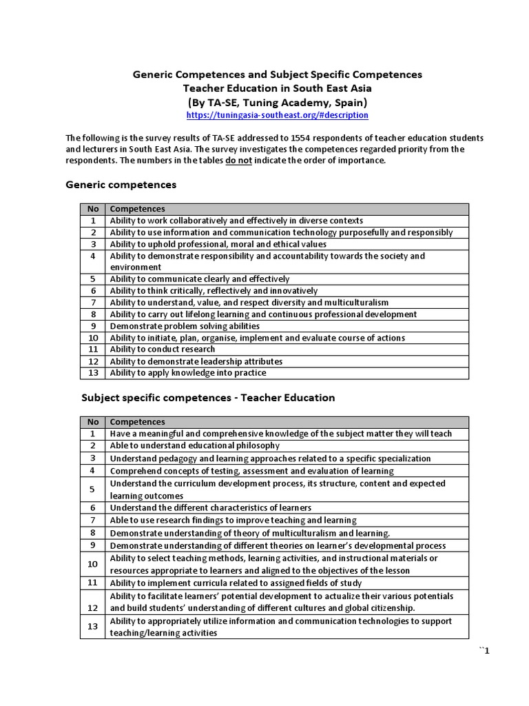 Generic Competences and Subject Specific Competences - TASE | PDF ...