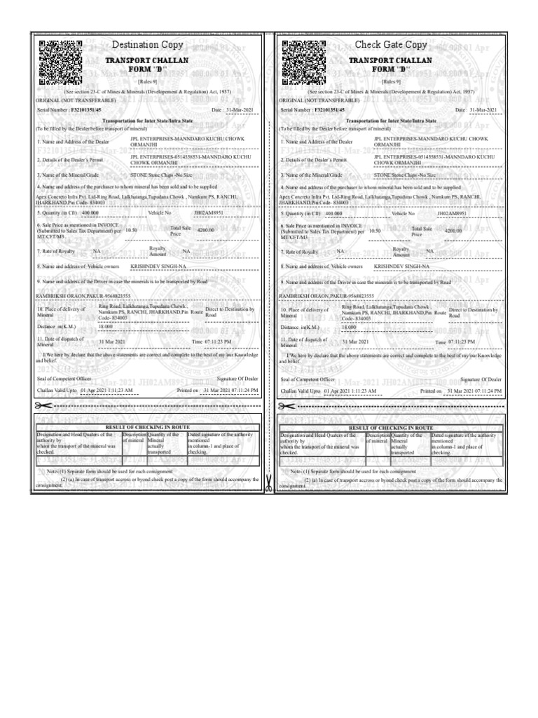 Destination Copy Check Gate Copy: Transport Challan Form "D" Transport ...