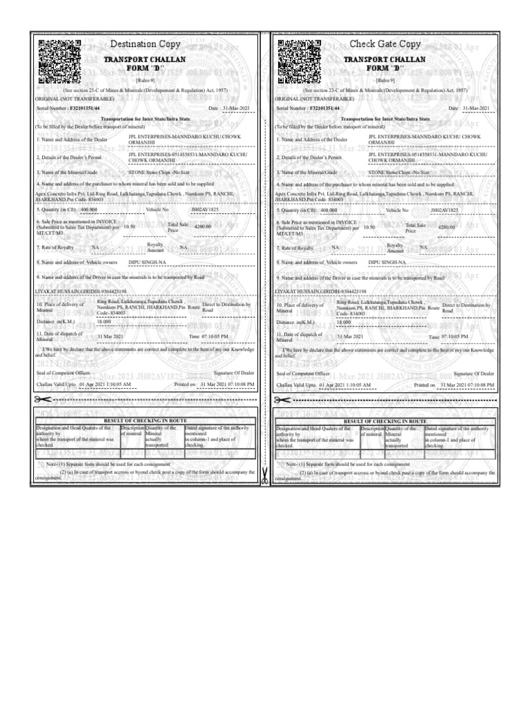 Destination Copy Check Gate Copy: Transport Challan Form "D" Transport ...
