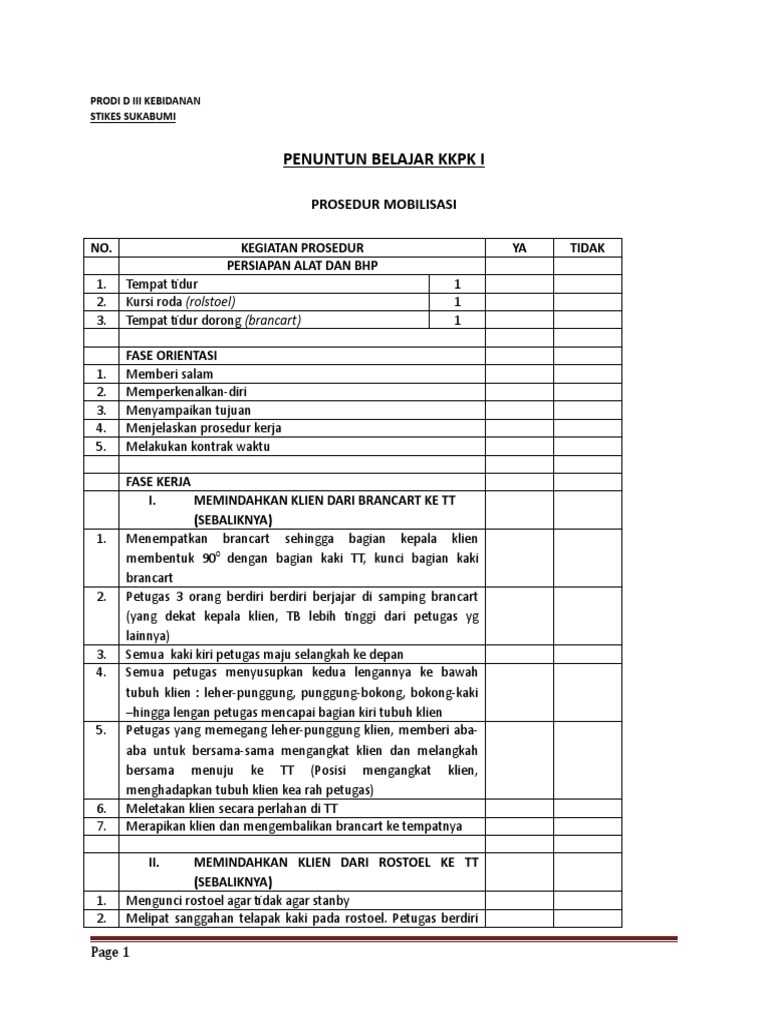 Daftar Tilik Mobilisasi | PDF