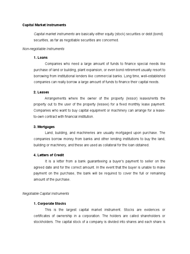 Capital Market Instruments Are Basically Either Equity (Stock ...