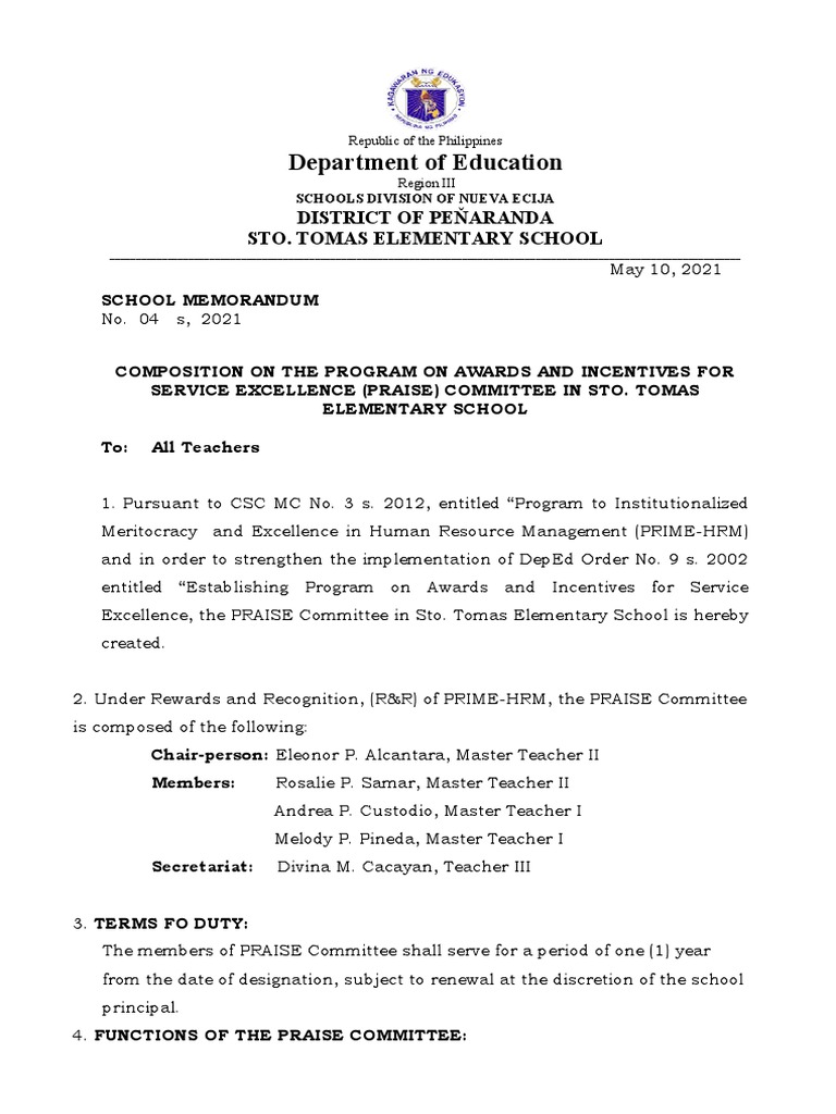 SM 4 S. 2021 Designatioin of School PRAISE Committee | PDF | Policy ...