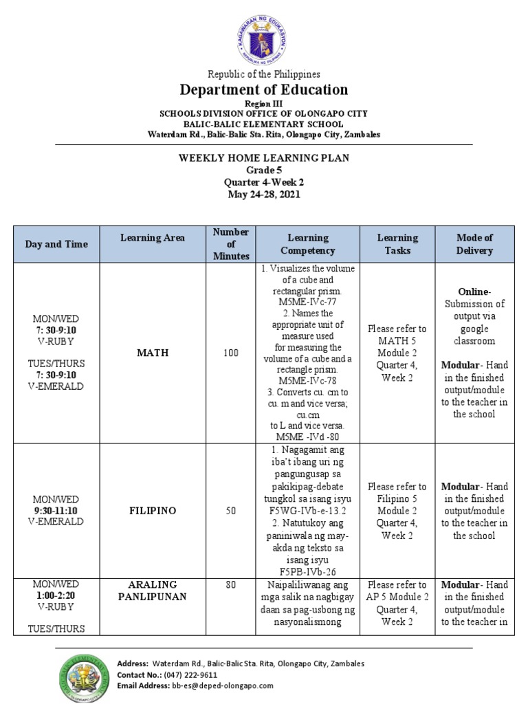 Department of Education: Weekly Home Learning Plan Grade 5 Quarter 4 ...