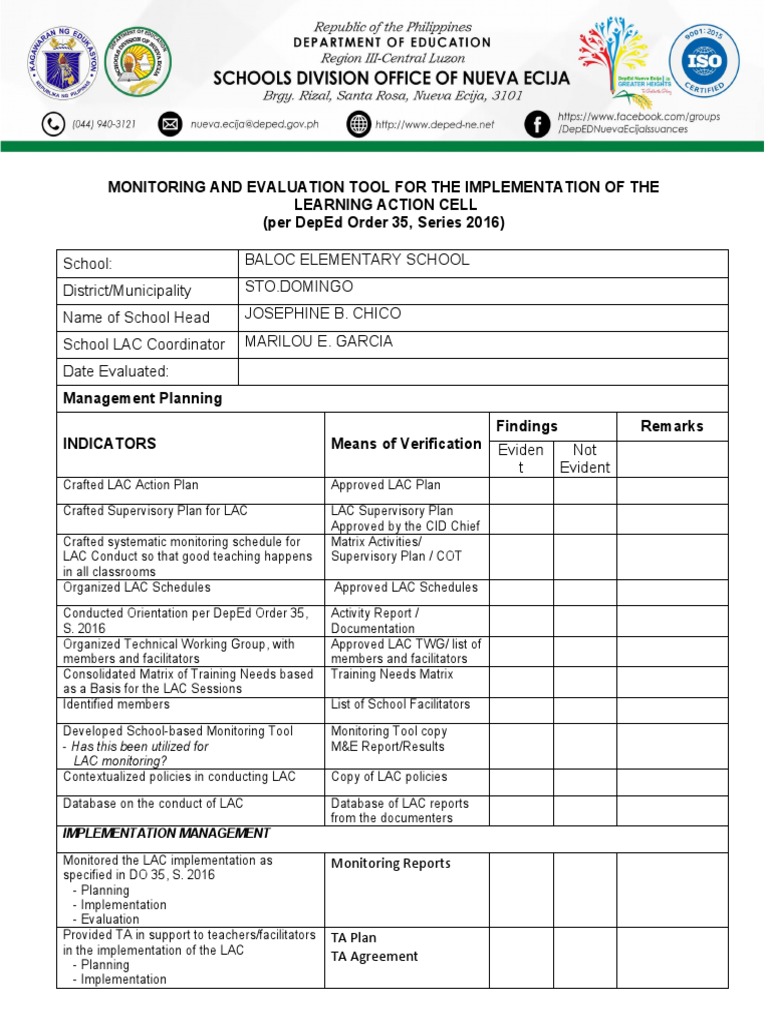 Template 9 - Lac Monitoring and Evaluation Tool | PDF | Pedagogy | Teachers