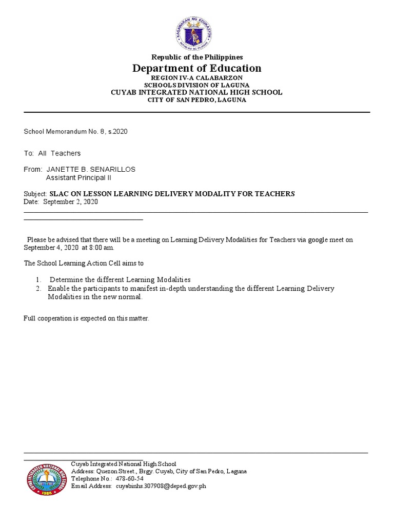 September 2020 Memo - Learning Delivery Modalities | PDF