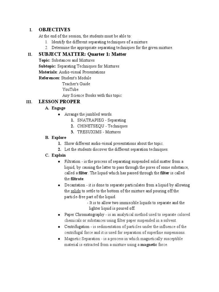 Separation Techniques For Mixtures 5 E S Lesson Plan | PDF | Filtration ...