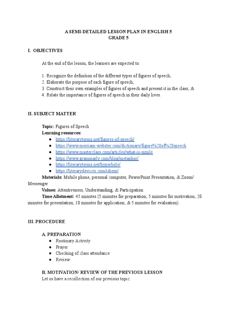 A Semi-Detailed Lesson Plan in English 5 | PDF | Learning | Metaphor
