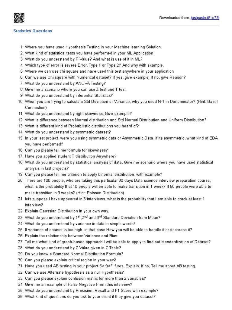 Interview Questions Set 1 | PDF | Statistics | Variance