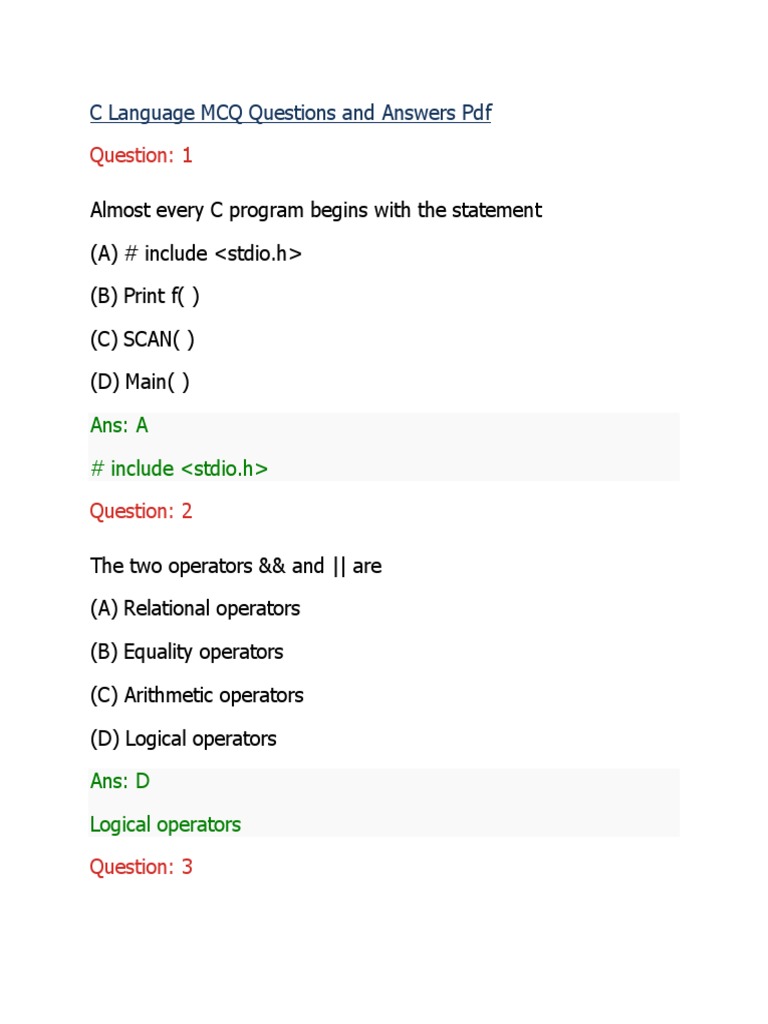C Languages MCQ Questions Answers | PDF C Languages MCQ Questions Answers | PDF