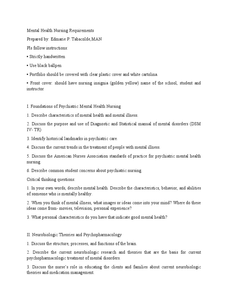 Mental Health Nursing Requirements | PDF | Psychotherapy | Mental Disorder