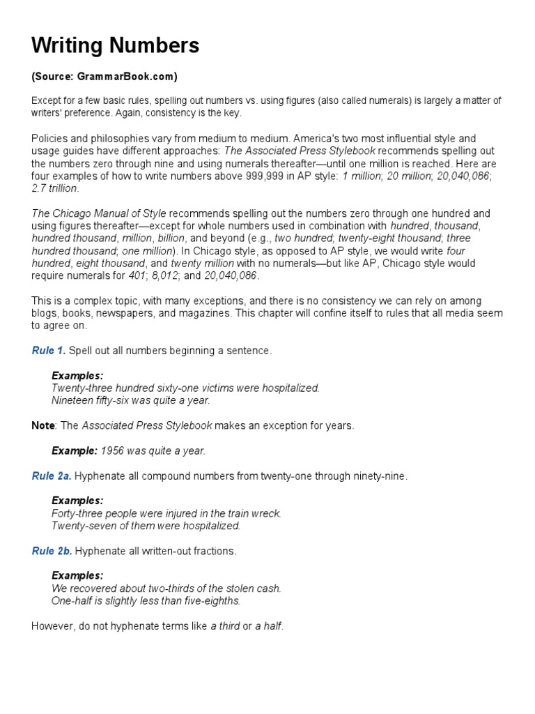 10 Rules For Writing Numbers and Numerals | Download Free PDF ...