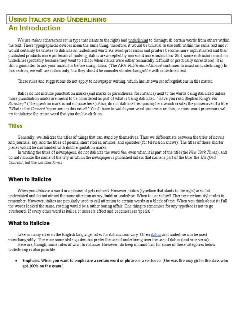 Italics vs. Underlining: Usage Guide | PDF | Communication | Human ...
