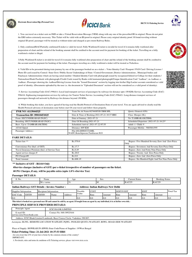 Electronic Reservation Slip (Personal User) IRCTC E-Ticketing Service ...