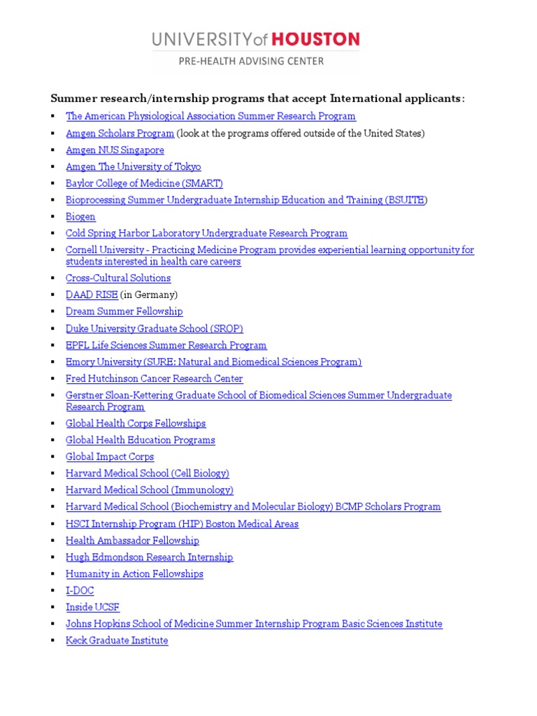 Summer Research/internship Programs That Accept International ...