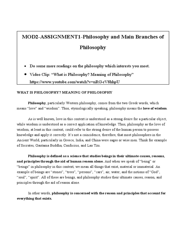 MOD2-ASSIGNMENT1-Philosophy and Main Branches of Philosophy | PDF ...