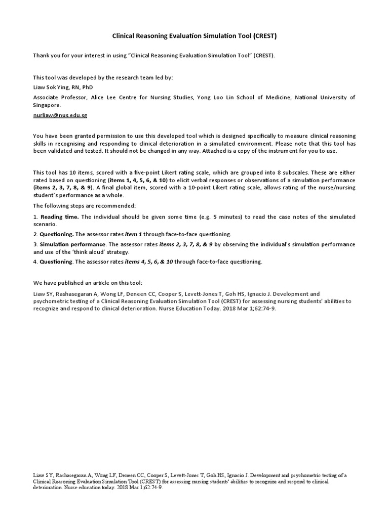 Clinical Reasoning Evaluation Simulation Tool (CREST) | PDF | Reason | Simulation
