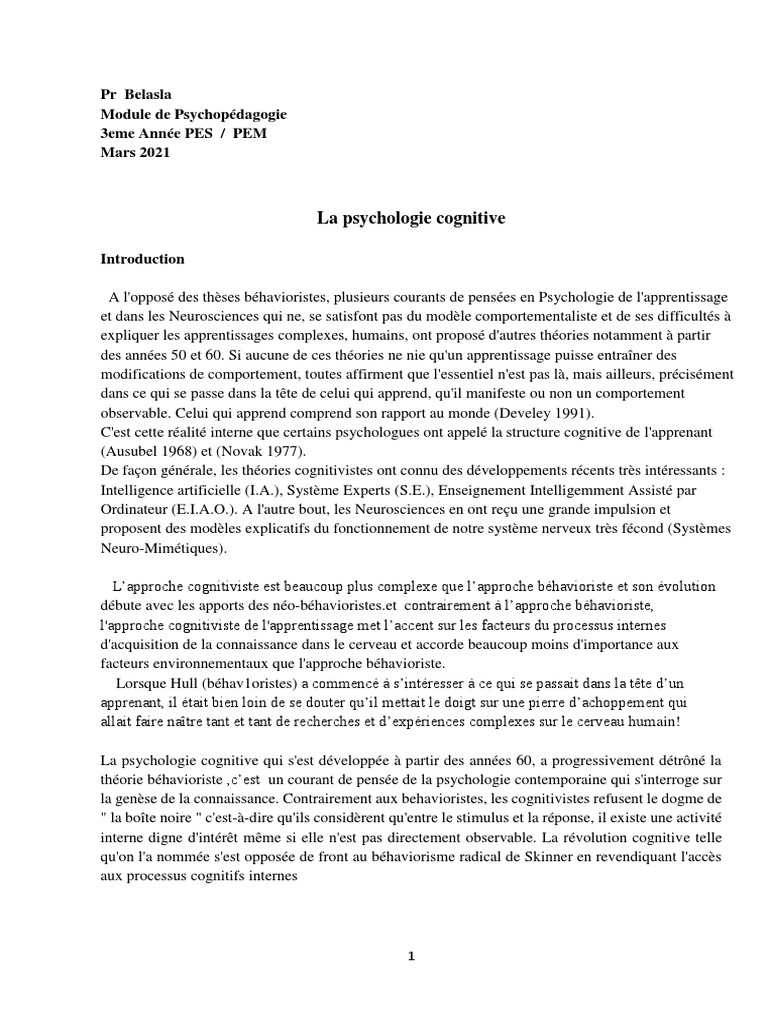 Introduction à la psychologie cognitive | PDF | Psychologie | Cognition