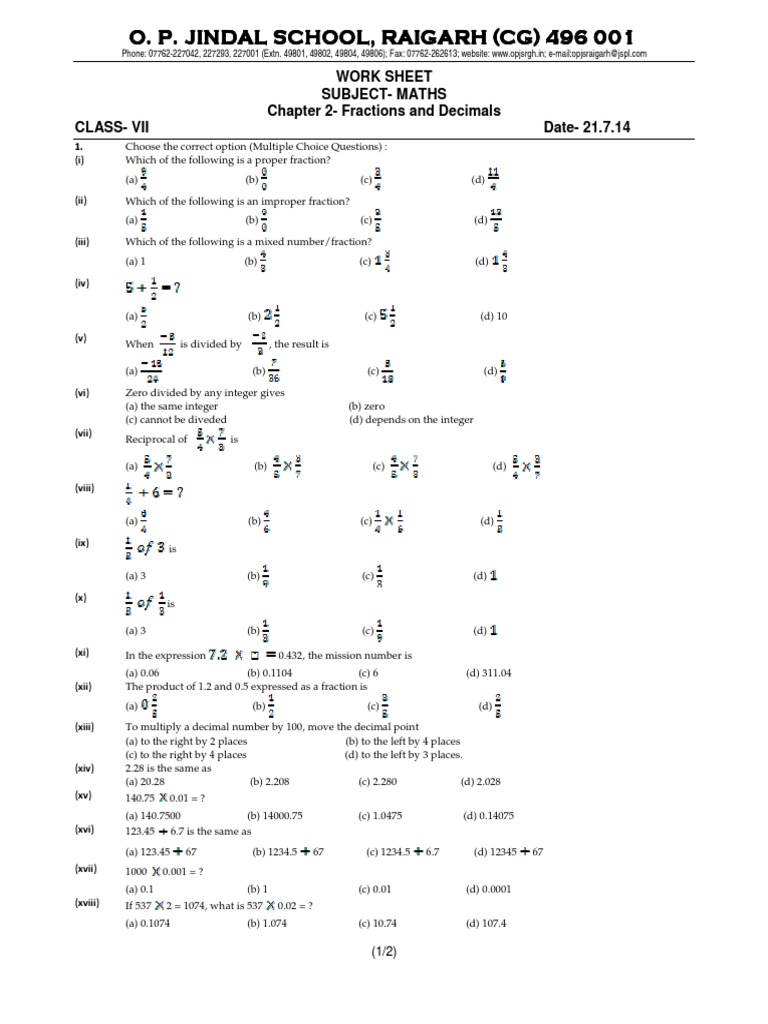 CBSE Class 7 Maths Worksheet - Fractions and Decimals | PDF | Notation ...