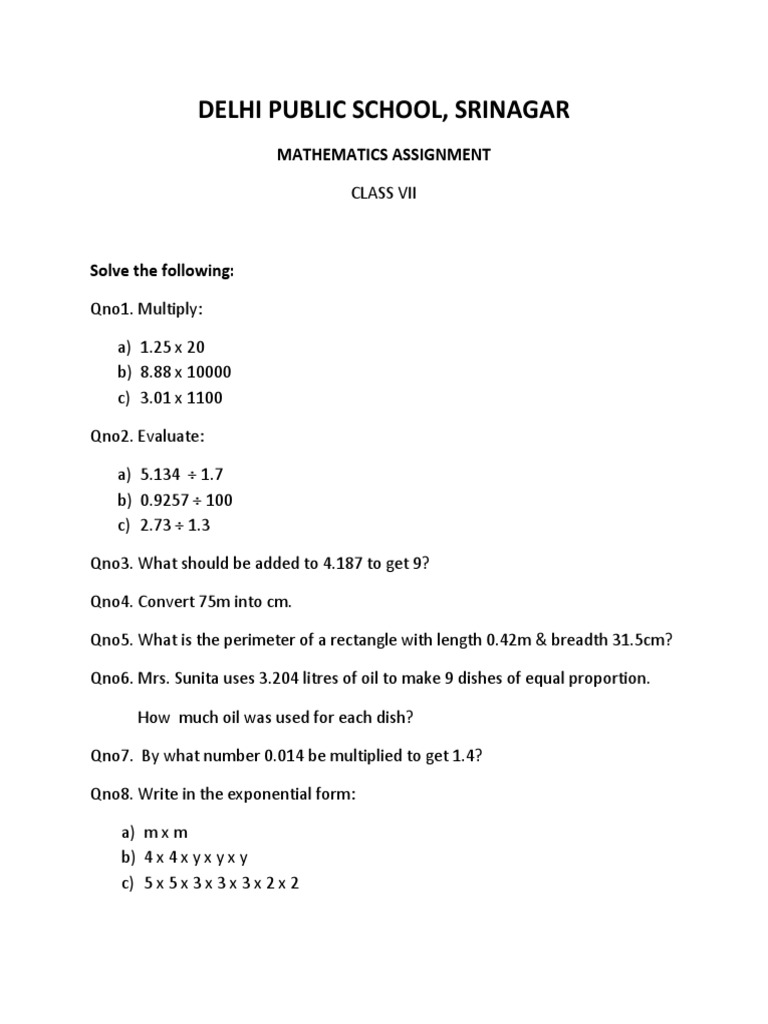 CBSE Class 7 Decimals Worksheet | PDF
