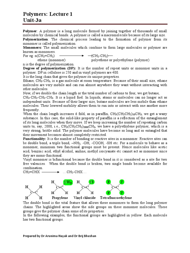Polymers: Lecture 1 Unit-3a: Prepared by DR Arunima Nayak and DR Brij ...