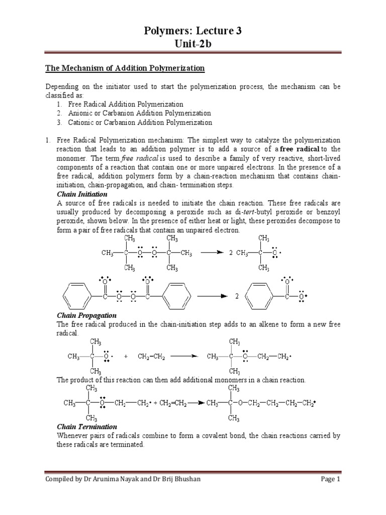 Polymers: Lecture 3 Unit-2b: The Mechanism of Addition Polymerization | Download Free PDF ...