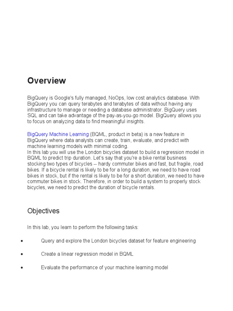 Predict Bike Trip Duration With A Regression Model in BQML LAB | PDF | Machine Learning ...