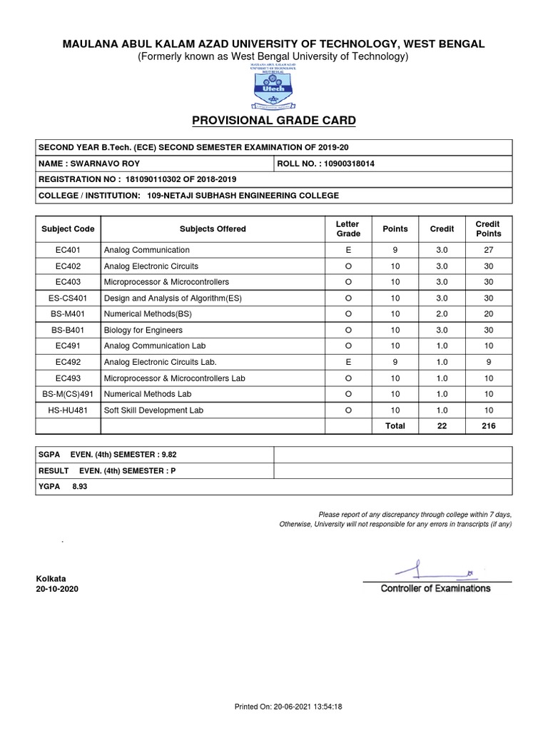 Provisional Grade Card: Maulana Abul Kalam Azad University of ...